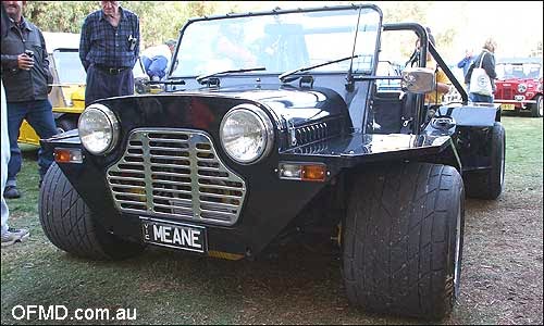Oil stain garage: Mini Moke on insanely wide tires